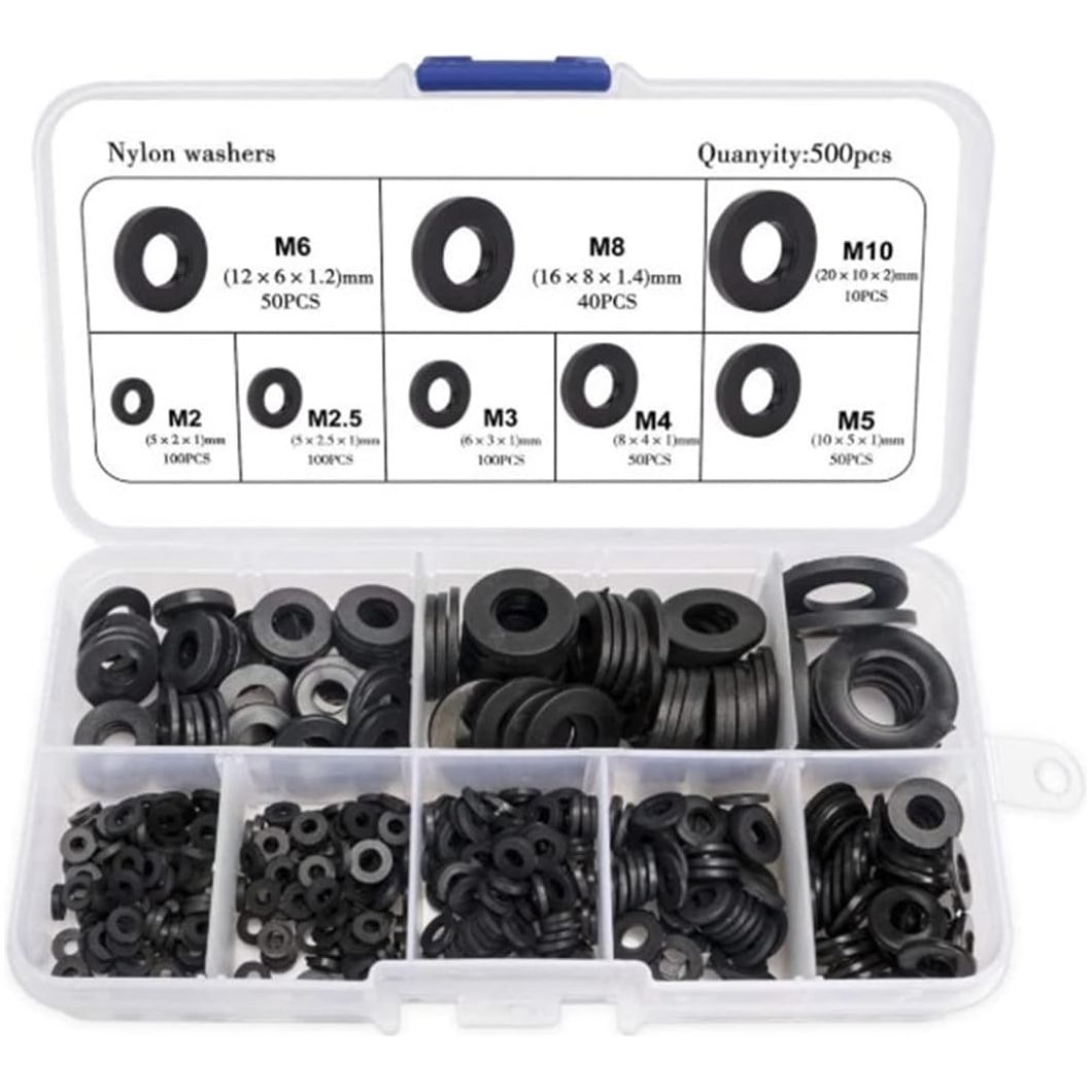 500 Piece Black Nylon Sealing Washer Flat Assortment Kit | 8 Sizes | M2 ...