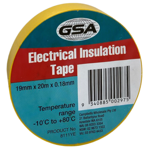 GSA Electrical Tape - Yellow, 0.18mm x 19mm x 20m, Pack of 10 – South ...